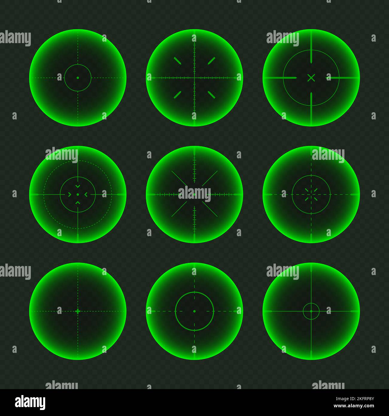 Various weapon night sights, sniper rifle optical scopes. Hunting gun ...