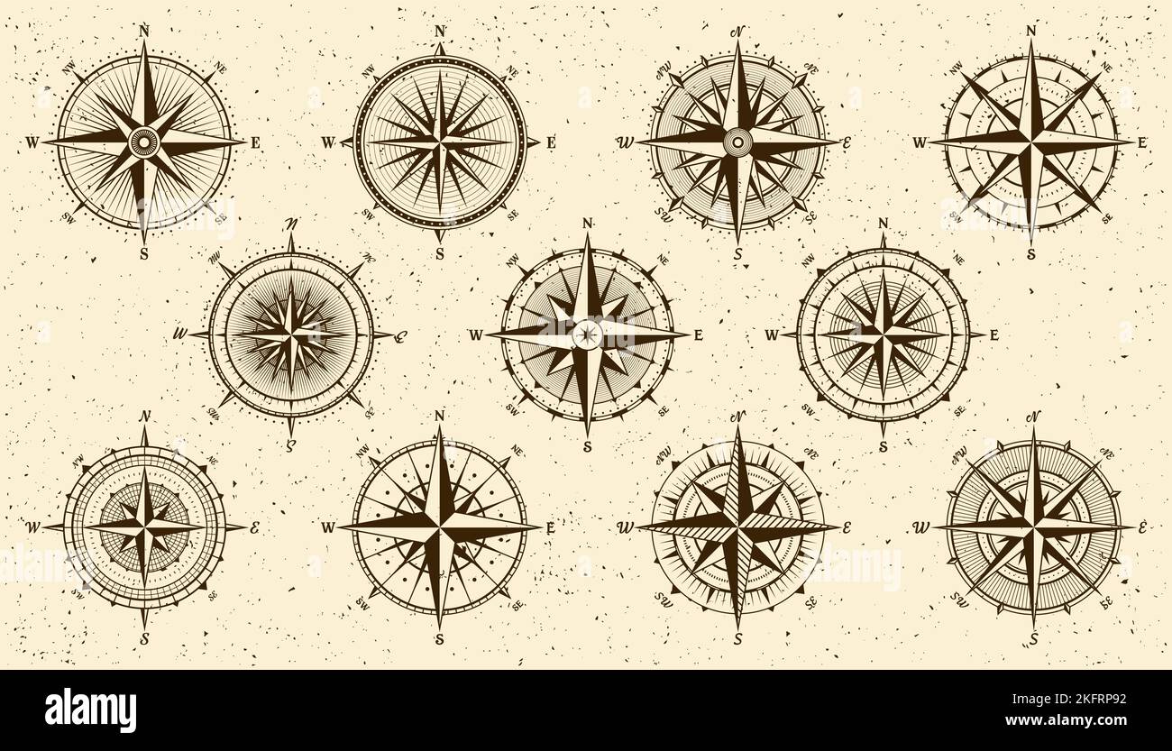 Vintage marine wind rose, nautical chart. Monochrome navigational ...