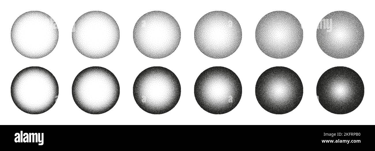 Round shaped dotted objects, stipple elements. Fading gradient ...