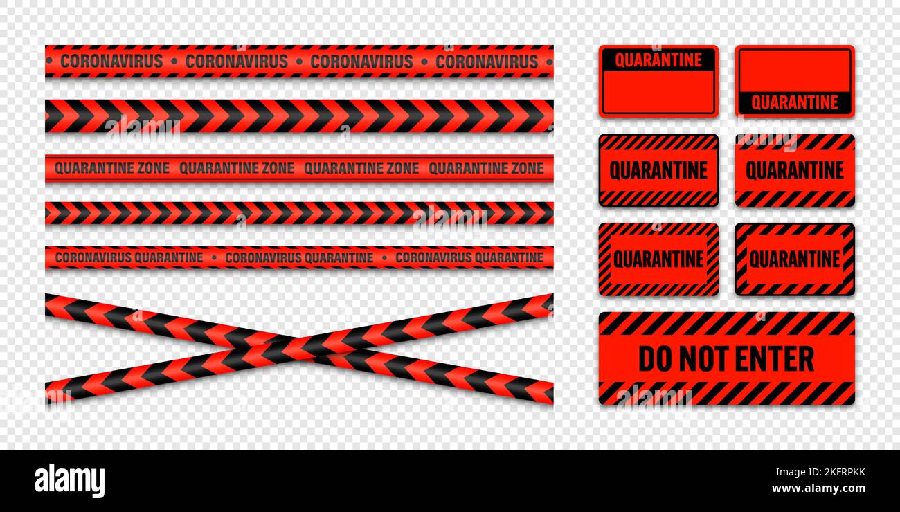Various quarantine zone warning tapes and shields. Novel coronavirus ...