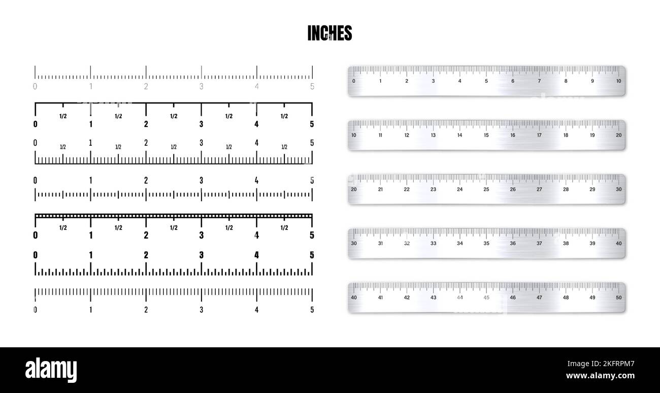 Realistic metal rulers with black inch scale for measuring length or ...