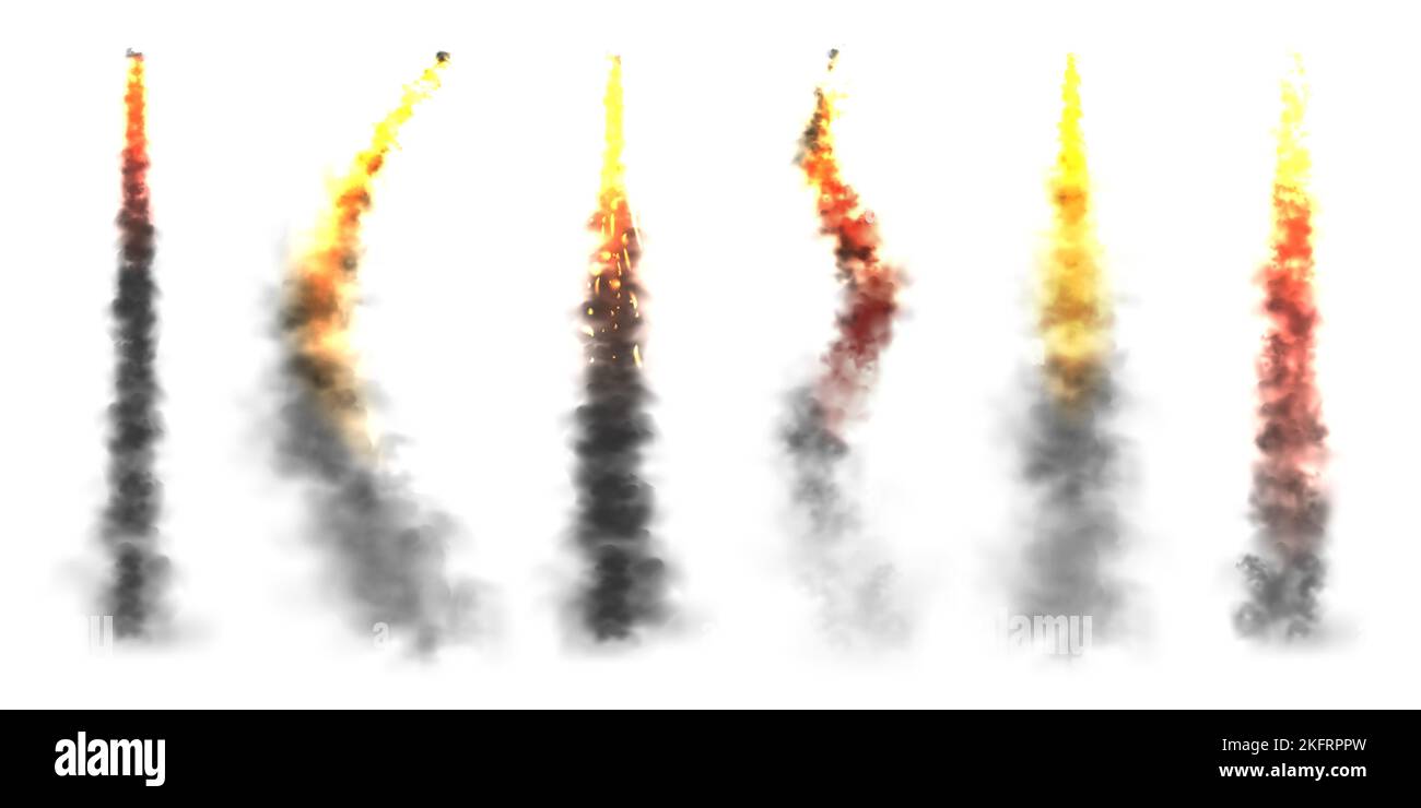 Realistic black smoke with fire, space rocket launch trails. Fire burst ...