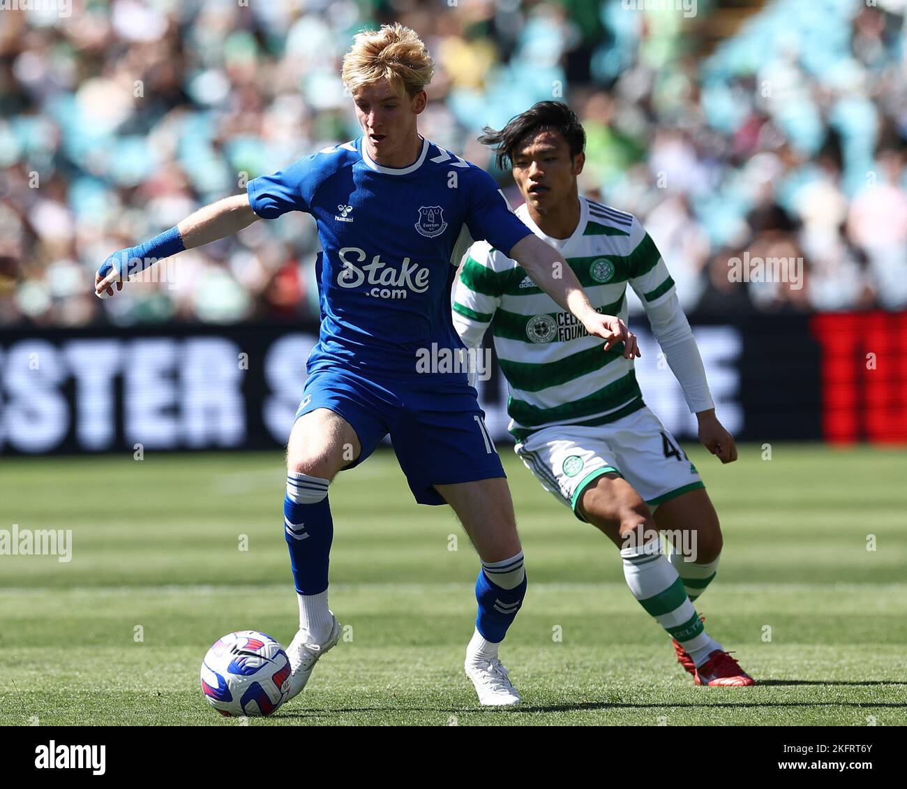 Anthony Gordon of Everton dribbles during the Sydney Super Cup match ...