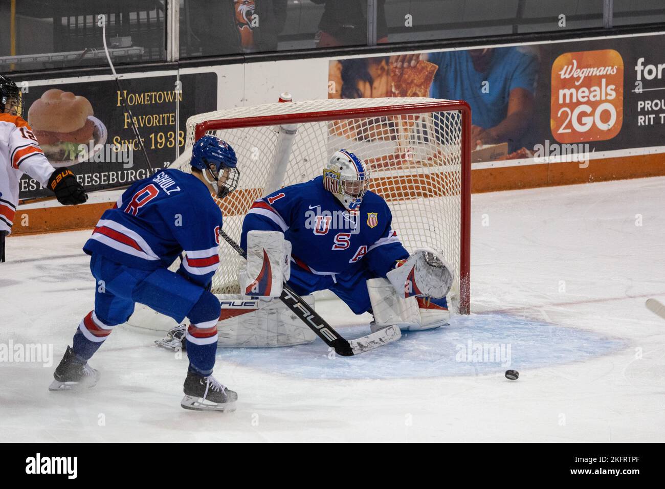 November 19, 2022: Team USA goaltender Trey Augustine (1) makes a save ...