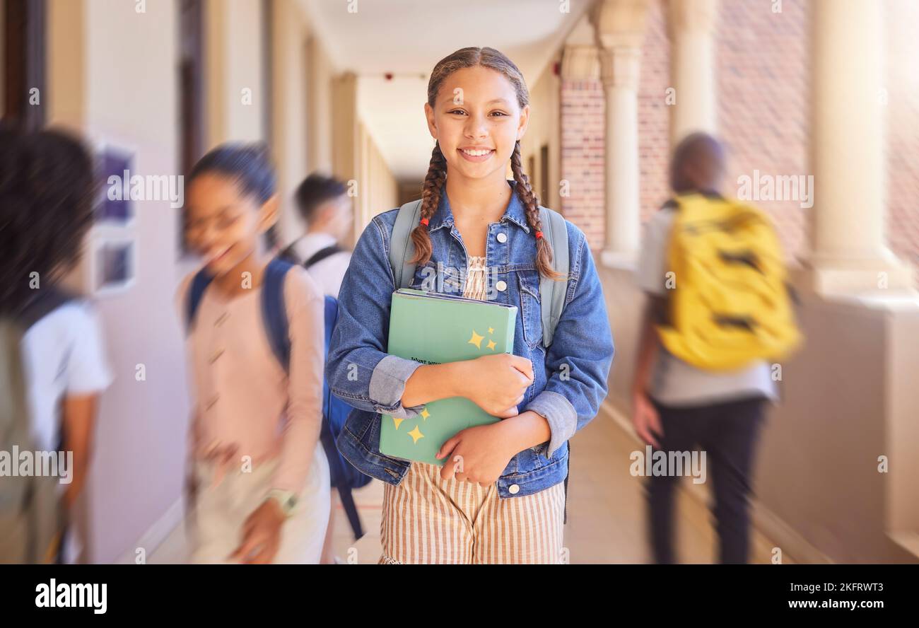 Student, portrait smile and class for school, education or learning ...
