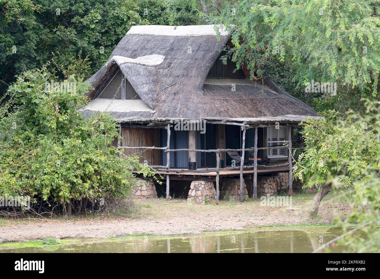 Lodge, cottage at the waterhole, South Luangwa, Zambia, Africa Stock ...