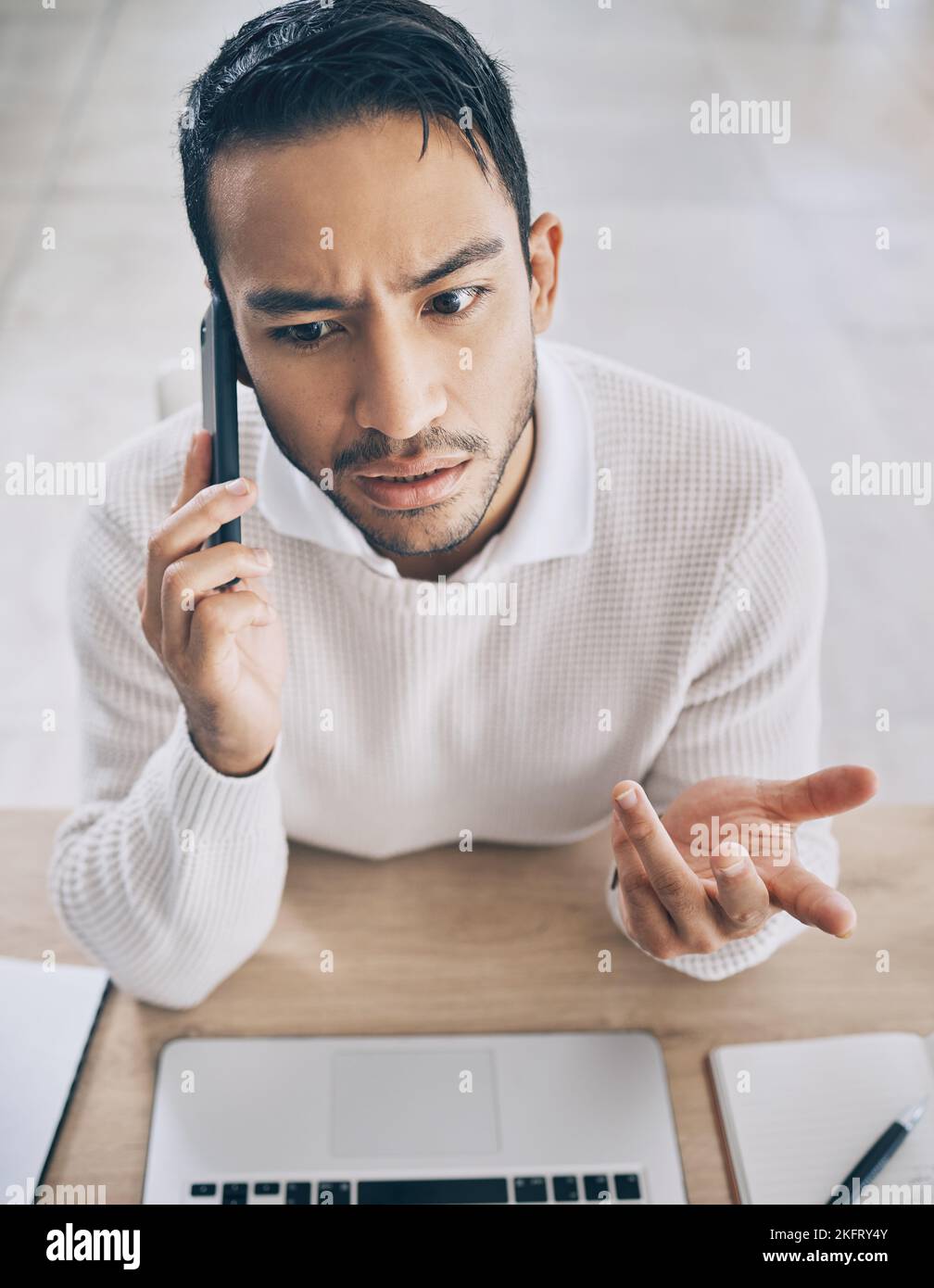 Closeup, man and confused phone call in office at finance, accounting ...