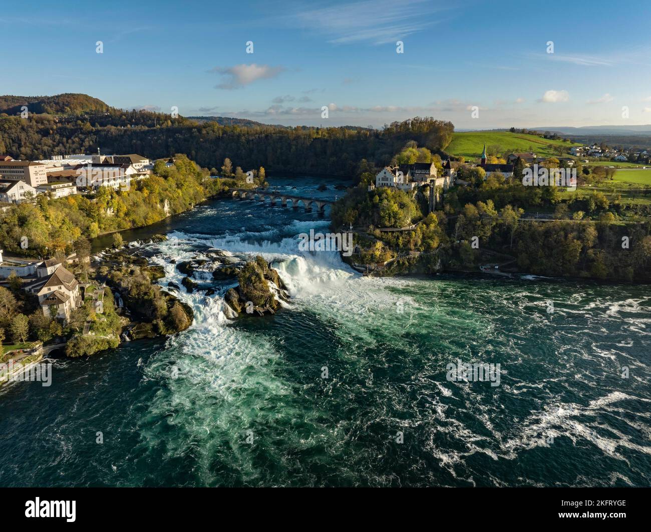 Aerial view of the Rhine Falls with Laufen Castle and the municipality ...