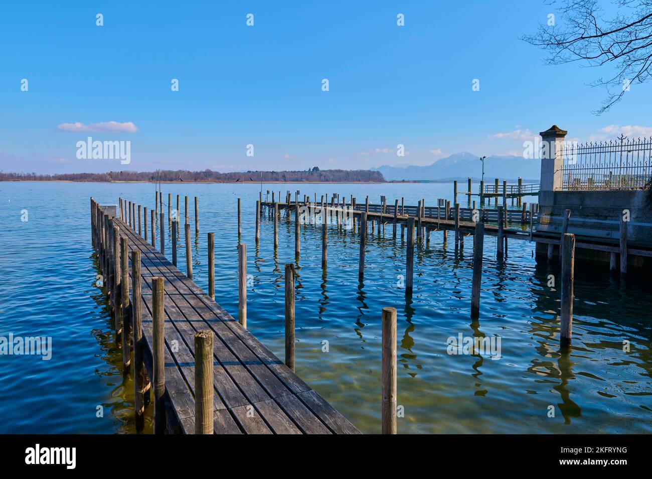 Lake Ciemsee with wooden jetty, Prien am Chiemsee, Chiemsee, Upper ...