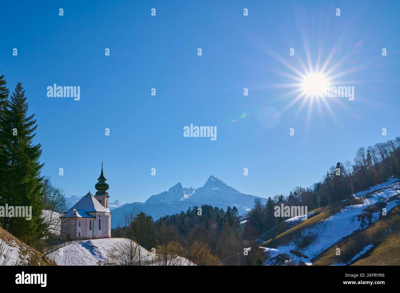 Pilgrimage Church of Maria Gern with Watzmann mountain in winter ...