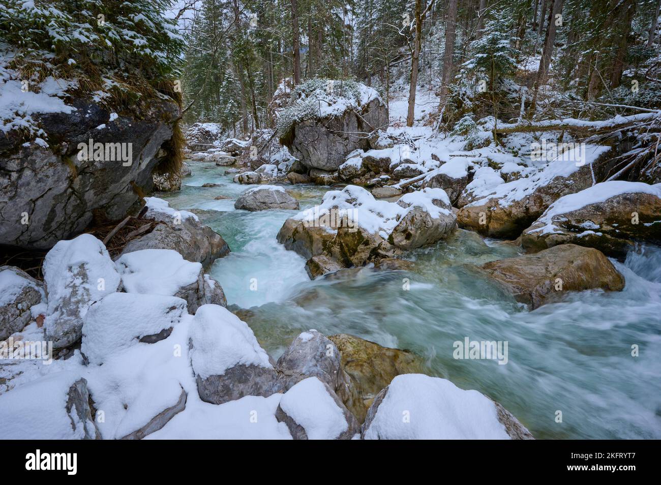 Mountain stream in winter, Zauberwald, Hintersee, Ramsau, Berchtesgaden ...