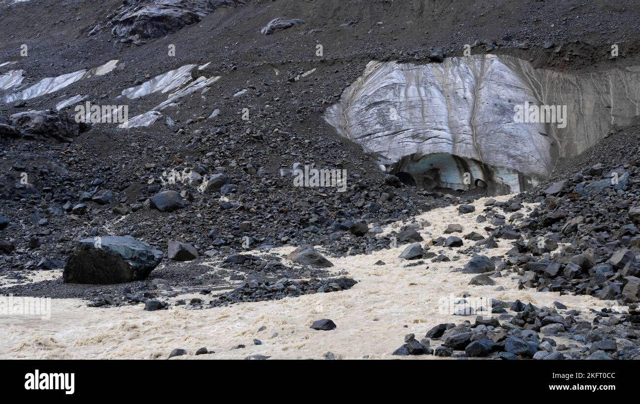 Glacier cave, Val Morteratsch, Morteratsch glacier, Engadine, Grisons ...