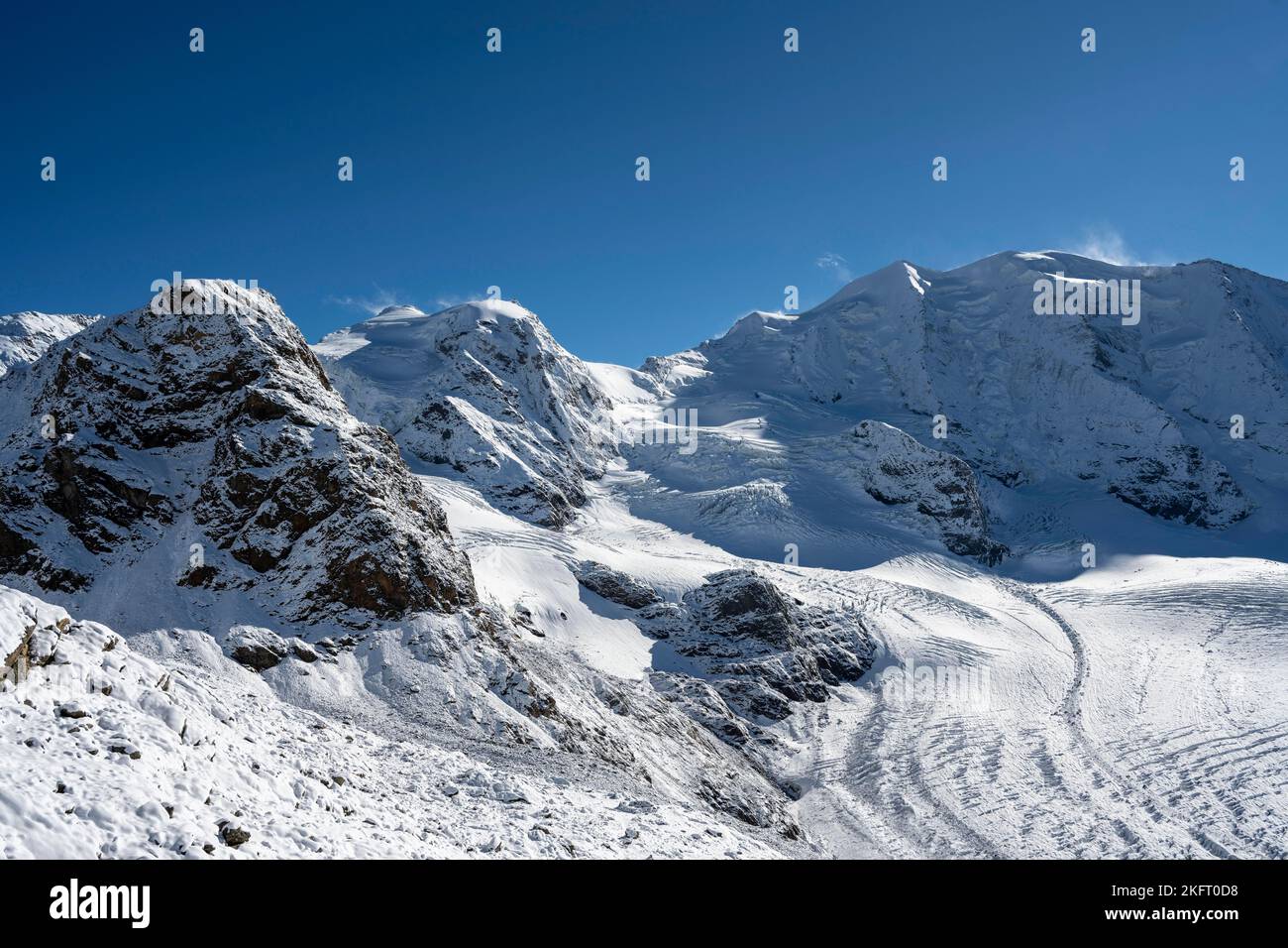 Mountain panorama on the Diavolezza, view of the Bernina Group, Piz ...