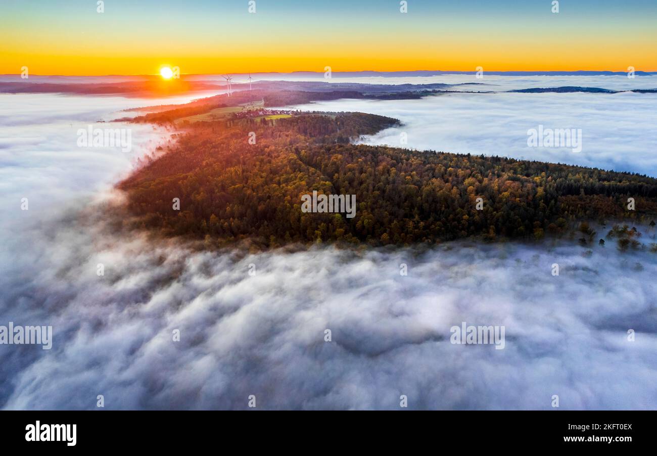 Drone view of sunrise with clouds over valley Remstal in autumn, region ...