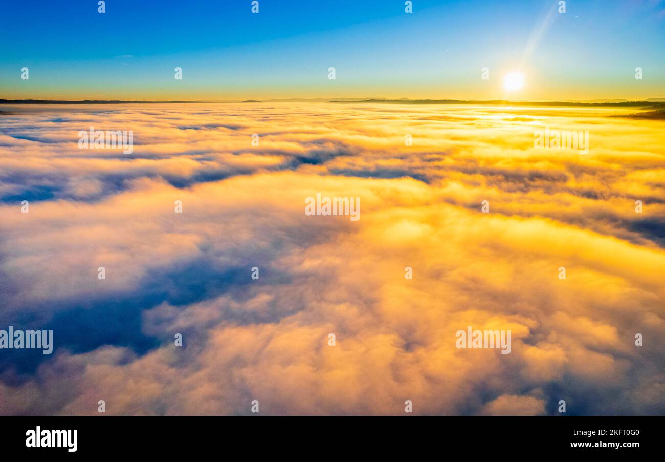Drone view of sunrise with clouds over valley Remstal in autumn, region ...