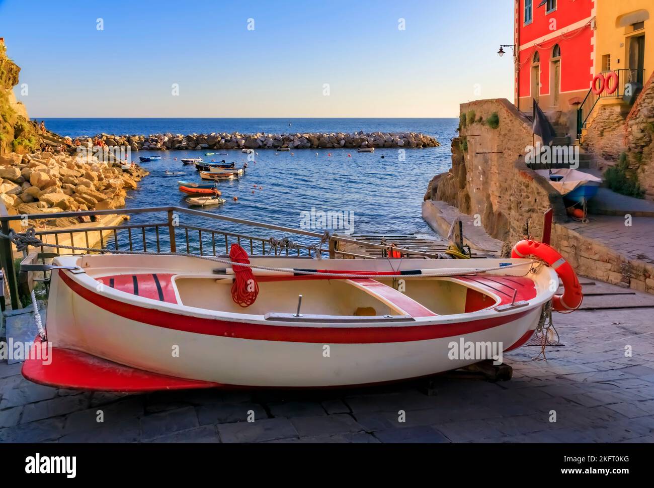 View onto the Mediterranean Sea with traditional boats and colorful ...