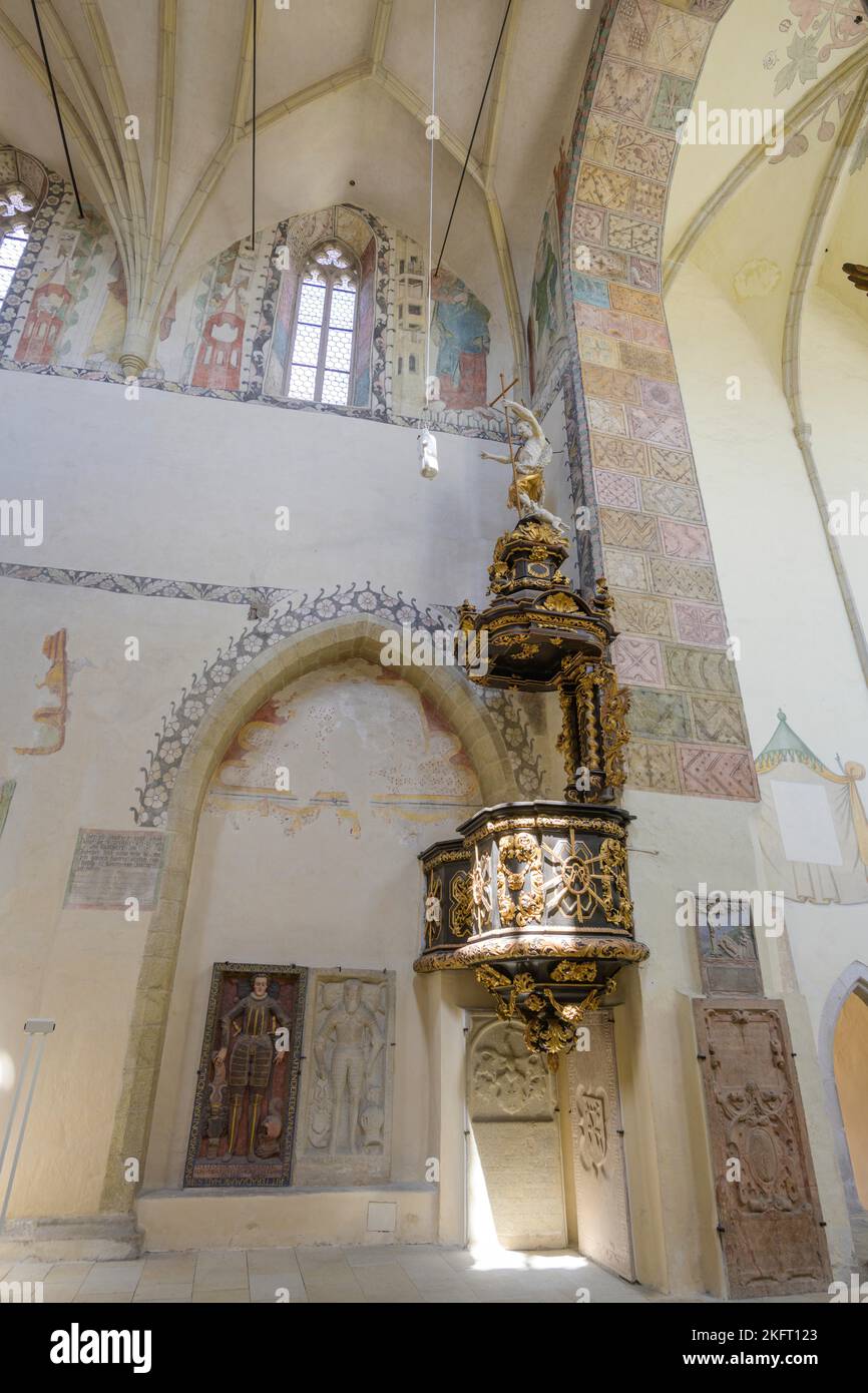 Pulpit and painted knight's tomb in the church of Nanebevzetí Panny ...