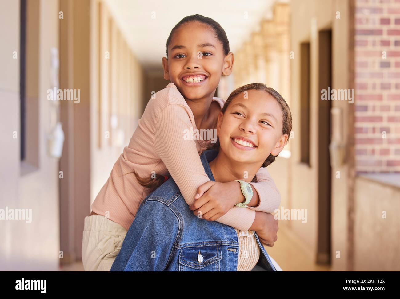 friends, school and portrait of children doing piggyback, having fun ...