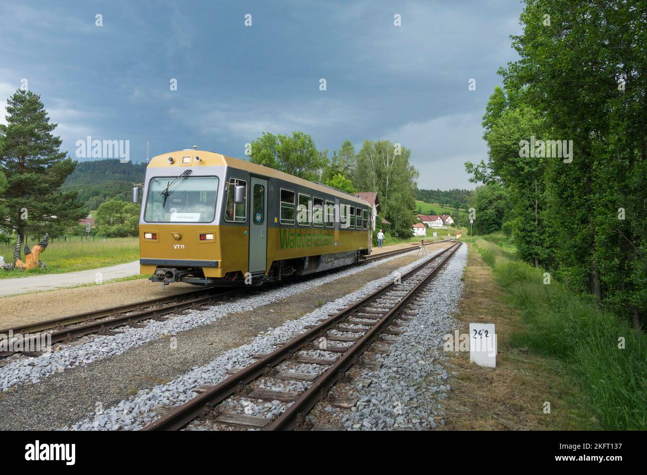 Modern railcar of the Waldviertelbahn at Steinbach station, Bad ...