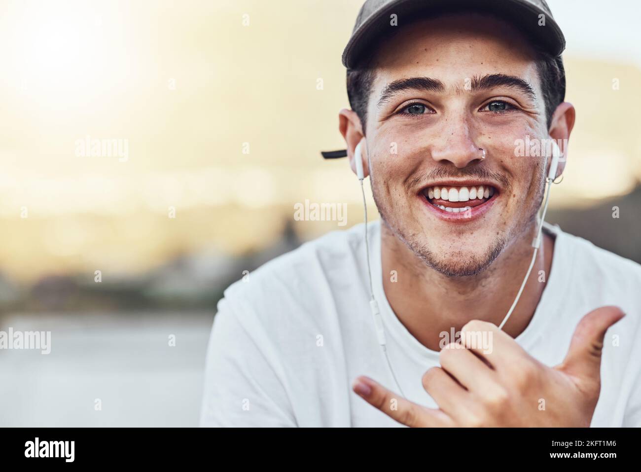 Music, portrait and man with good time hand sign relax with radio, song ...