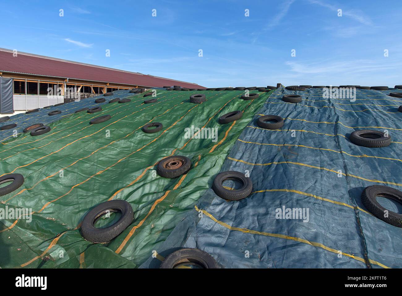 Silo cover with tarpaulins and car tyres as weights, on a farm, Bavaria ...
