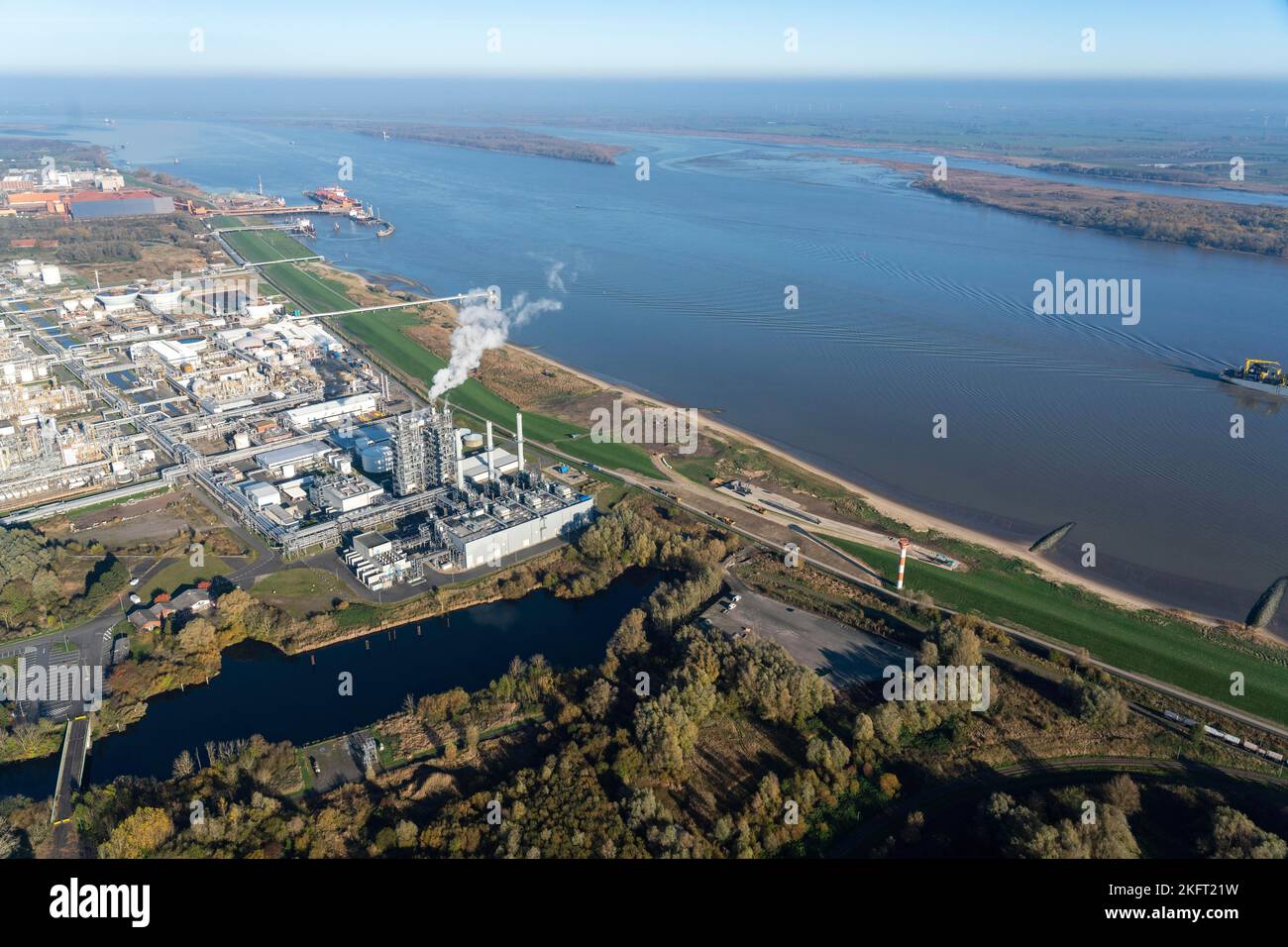 Aerial view of the construction site of the floating LNG Terminal Stade ...