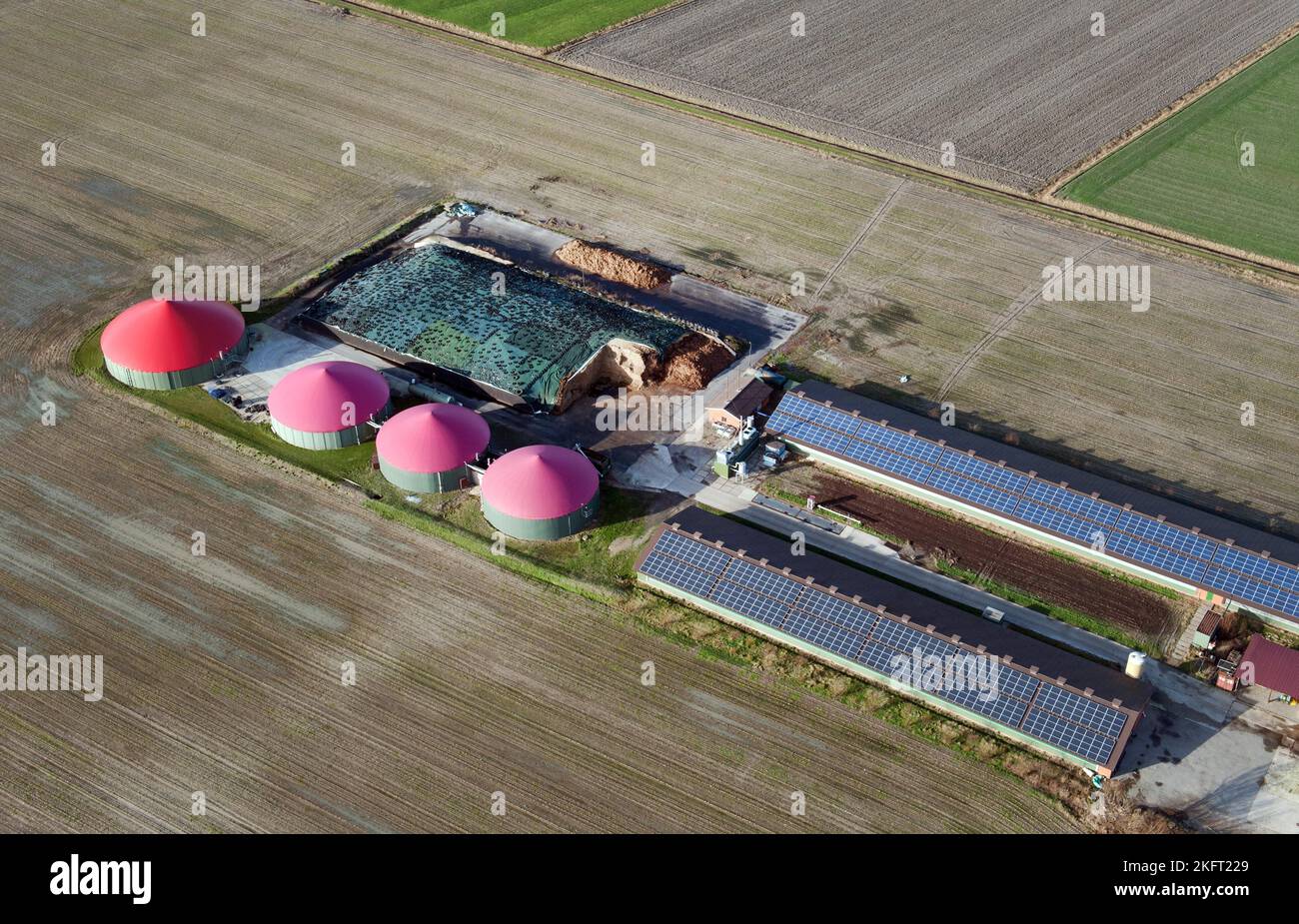 Aerial view of a farm for energy production, biogas plant, solar power ...