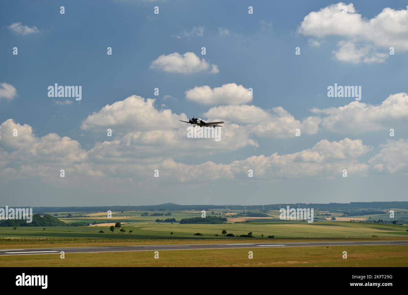 Propeller plane, Junkers Ju 52, flying over Kassel-Calden airfield ...