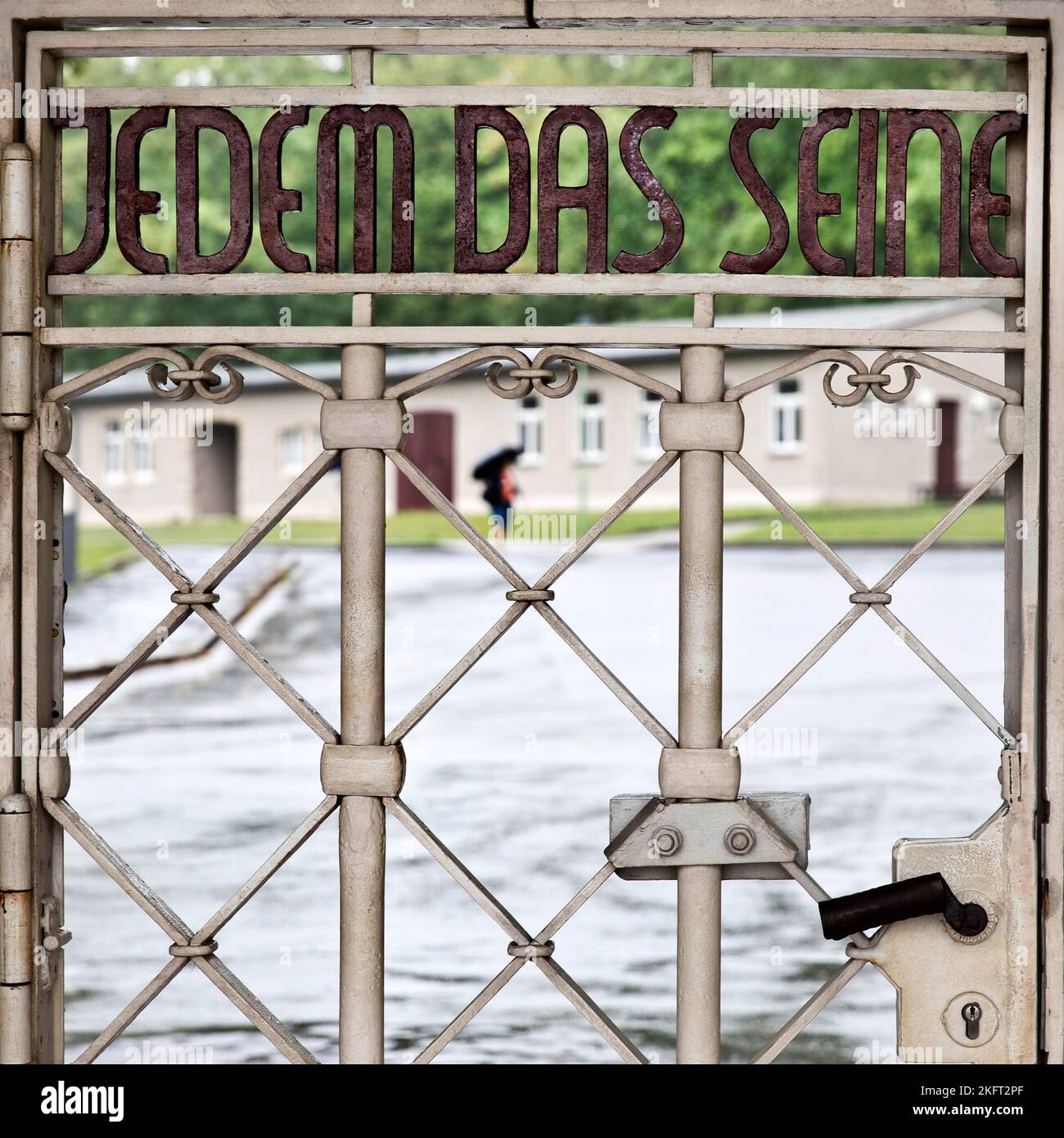 Entrance gate to beech forest concentration camp with the saying Jedem ...