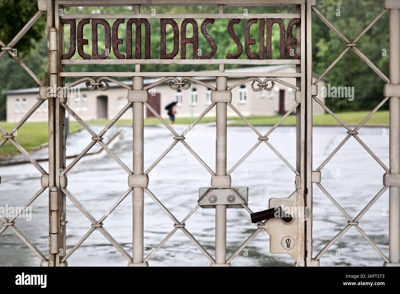 Entrance gate to beech forest concentration camp with the saying Jedem ...
