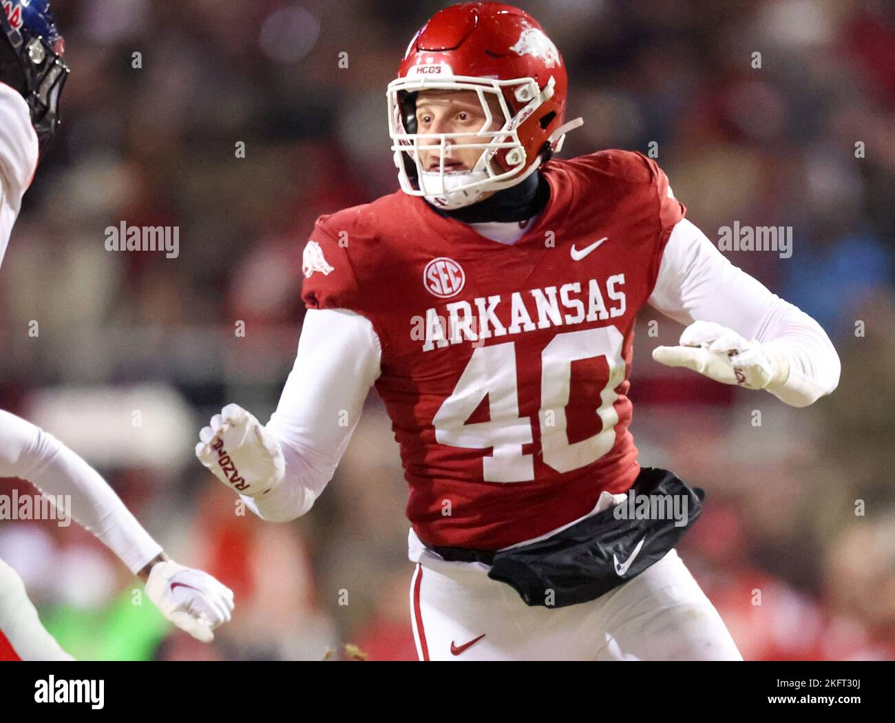 Fayetteville, AR, US, November 19, 2022: Arkansas defensive end Landon ...