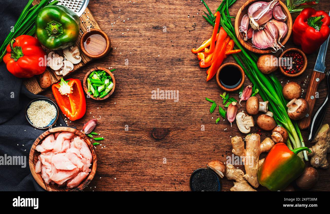Food background. Asian cuisine cooking ingredients. Paprika, chicken ...