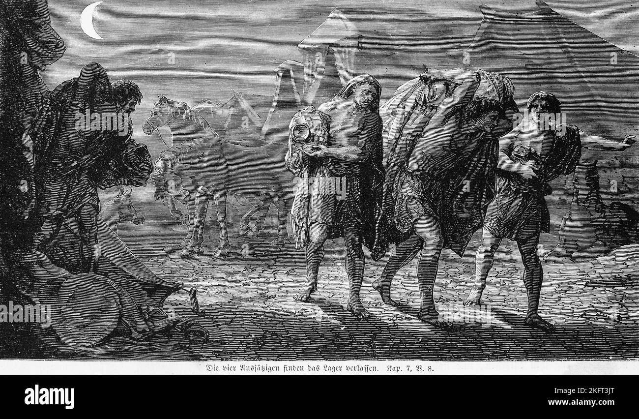 The four lepers find the camp abandoned, camp, huts, eat, drink, silver ...