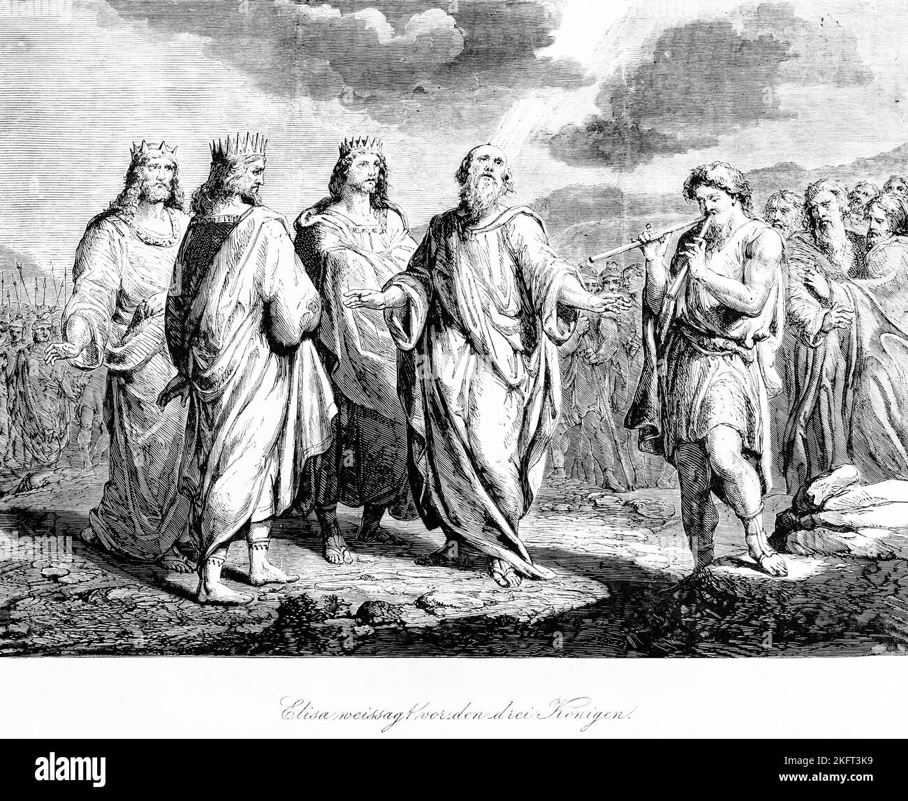 Elisha prophesying in front of the three kings, crowd, kings, meeting ...
