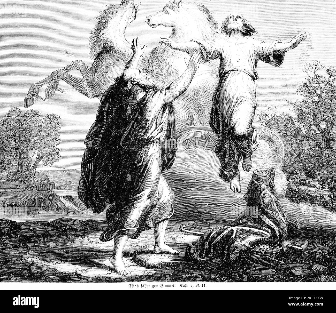 Elijah goes up to heaven, horses, outdoors, two men, talking, horse-drawn carriage, Elijah ...