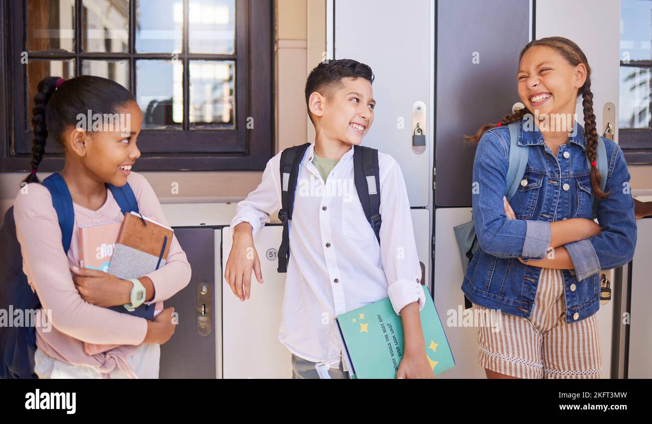 School, education and children, students or friends excited for class ...