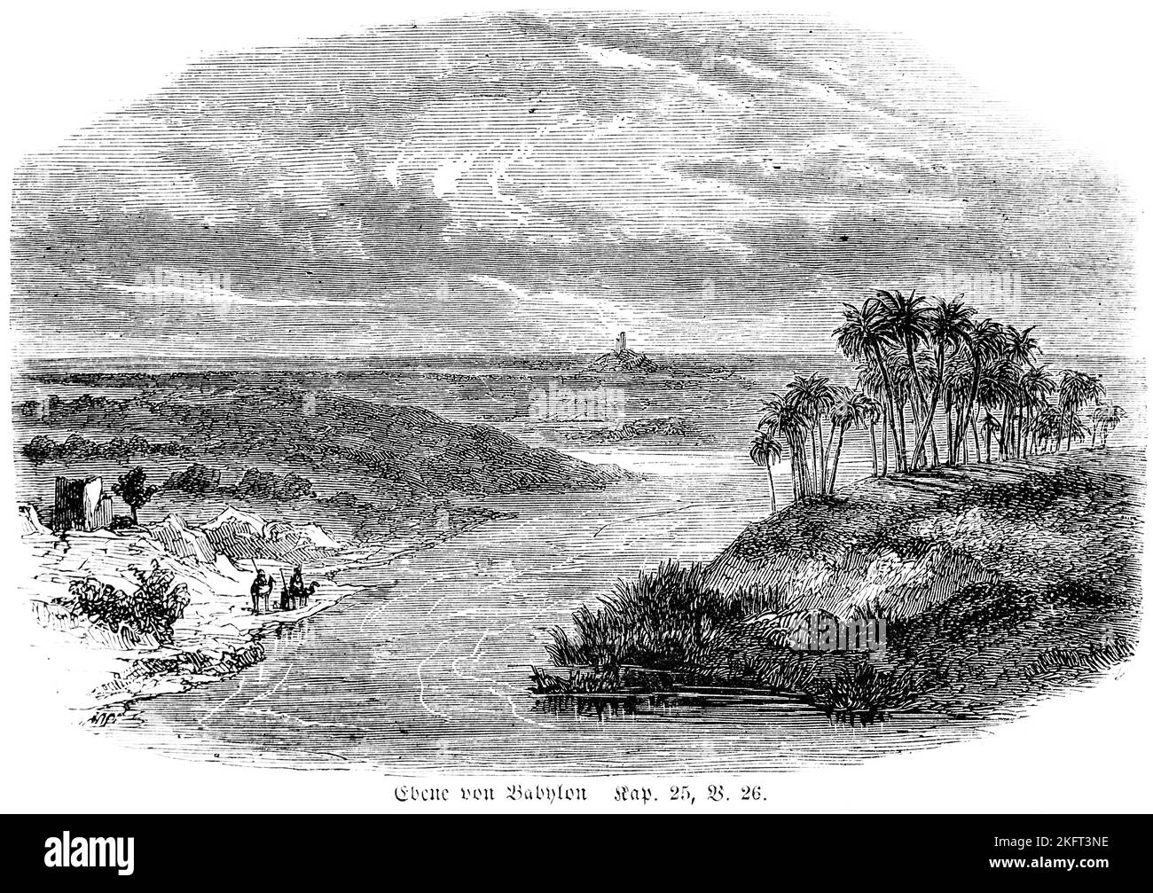 Plain of Babylon, Egypt, landscape, hill, palm trees, horsemen, cloudy ...