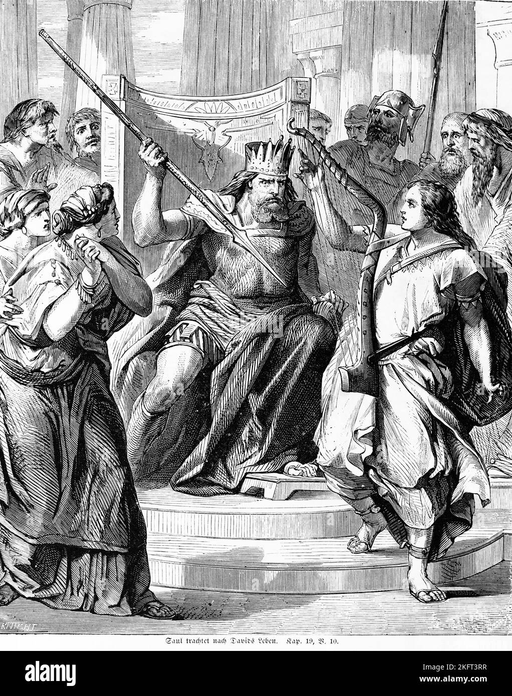 Saul seeks David's life, spit, wall, interior, flee, night, harp, king ...