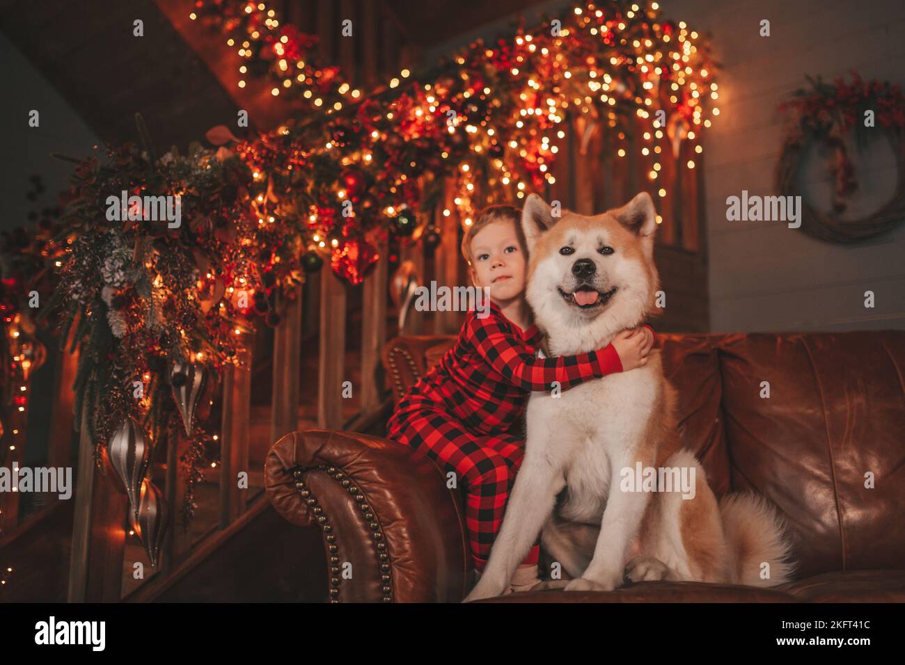 Smile small child having fun with dog waiting for miracle Santa at noel ...
