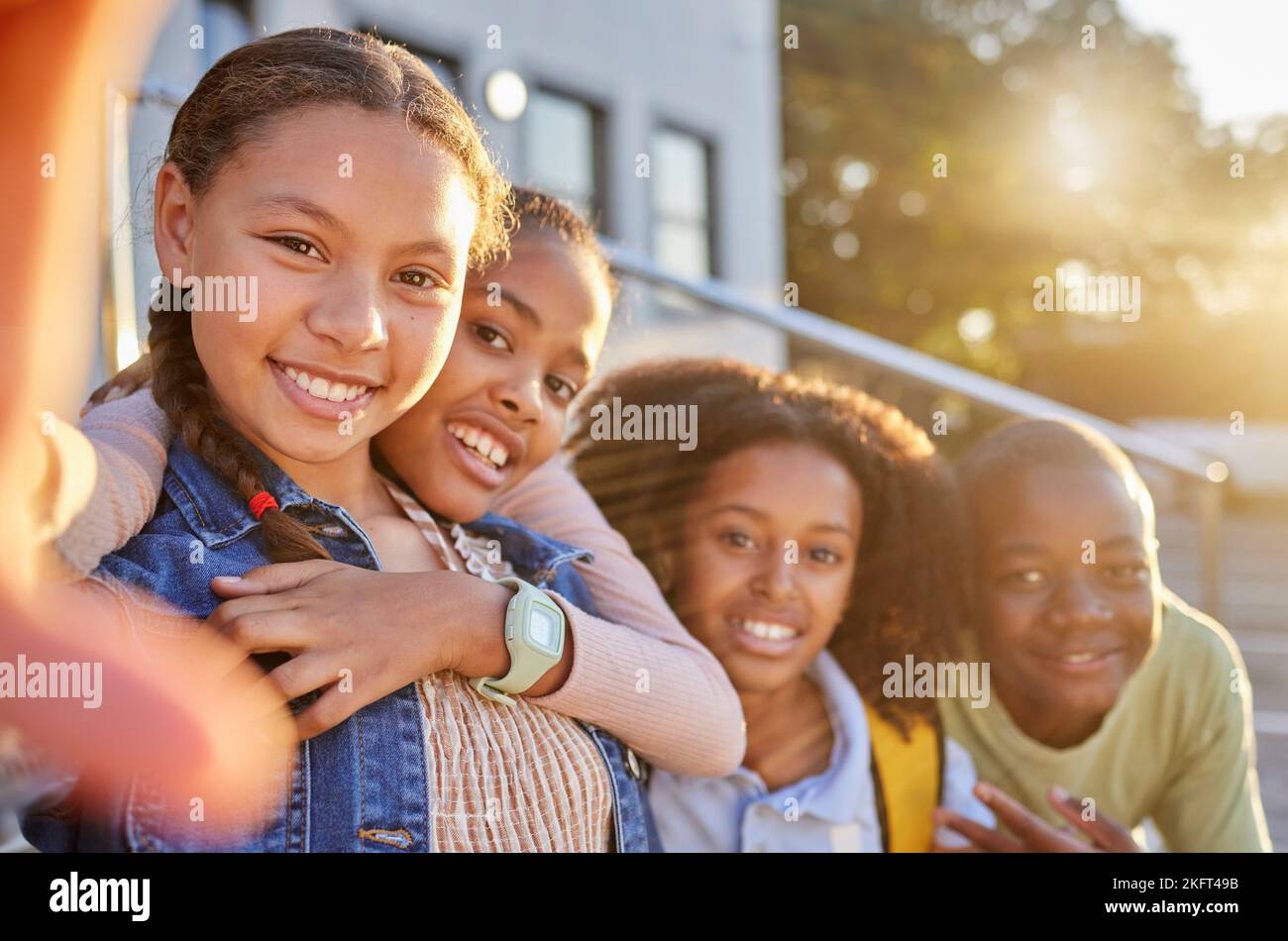 Girls, boy and bonding diversity selfie on community school, education ...
