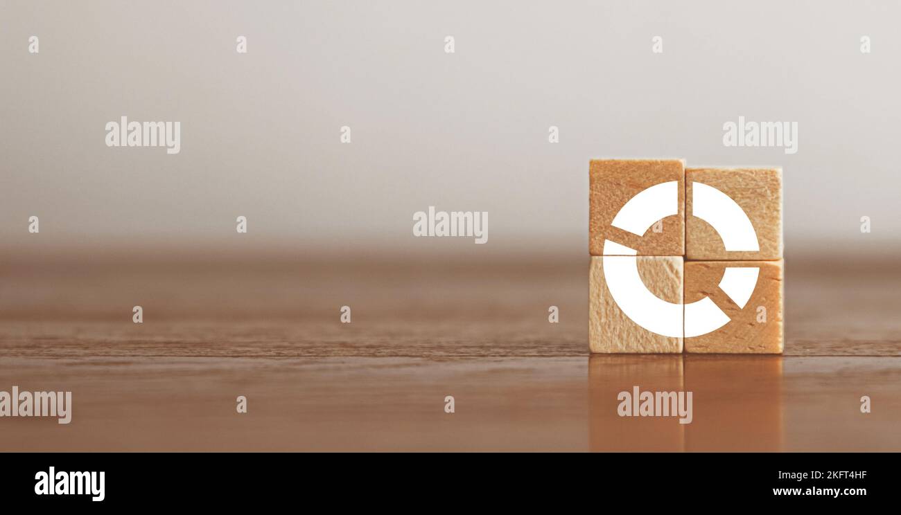Woods block square with pie chart. Growing and statistics graph ...