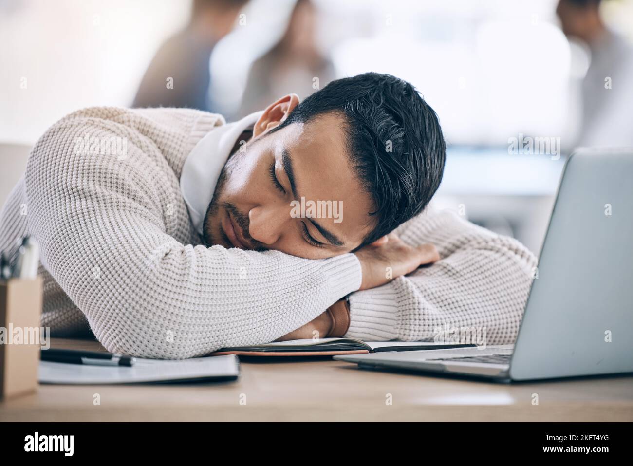 Tired, burnout and businessman sleeping on desk in corporate office ...