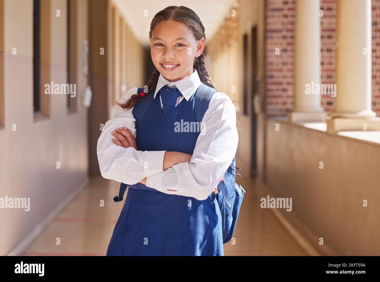 Girl portrait, student and education of a child ready for morning class ...