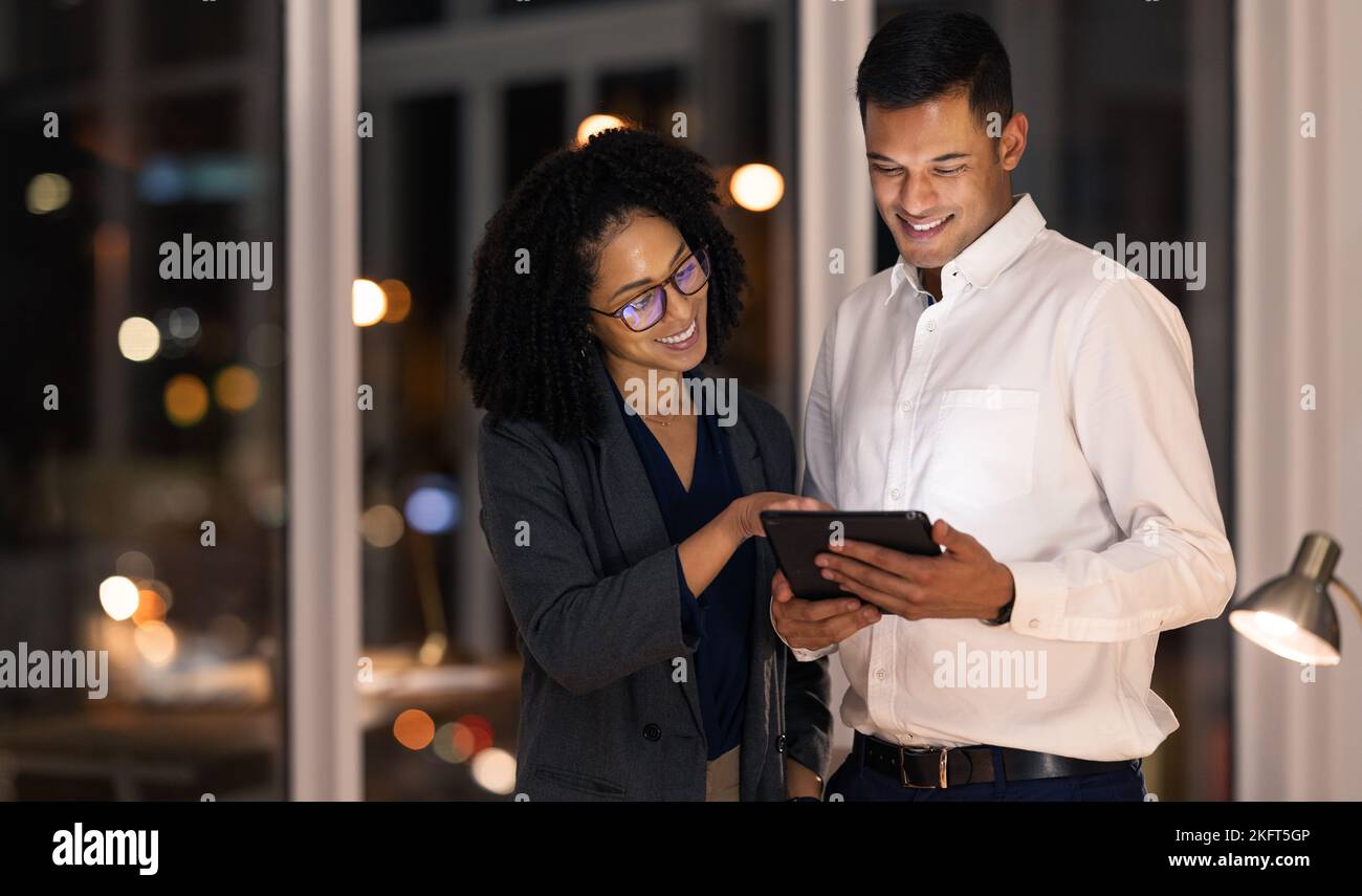 Business people, tablet and working night at office, corporate and ...