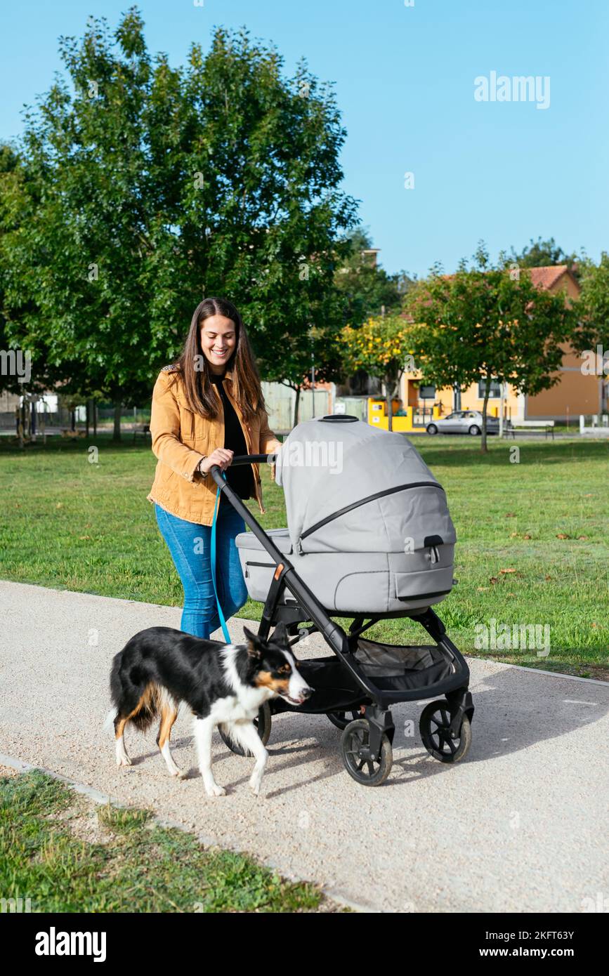 Smiling woman in casual clothes walking with Border Collie and baby ...