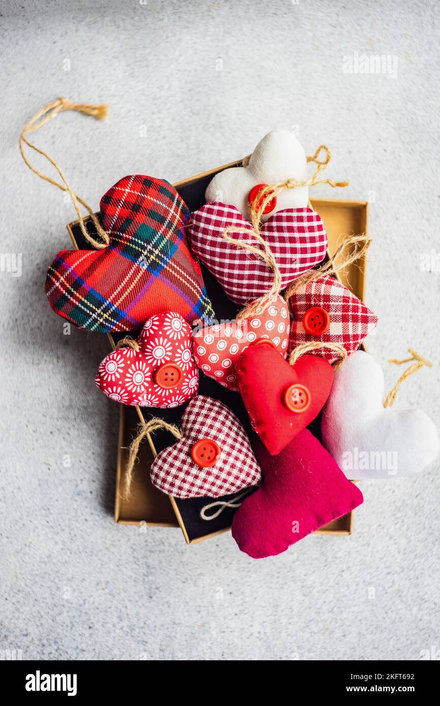 Rustic gift box with textile hearts as a present for Valentine's Day ...