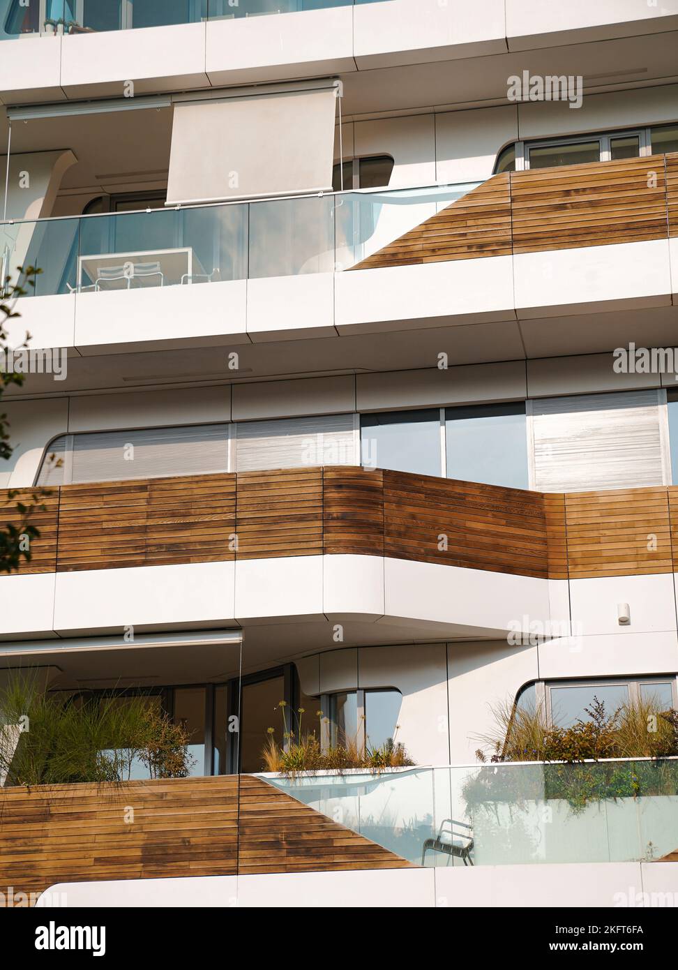 From below exterior of contemporary high rise apartment building ...