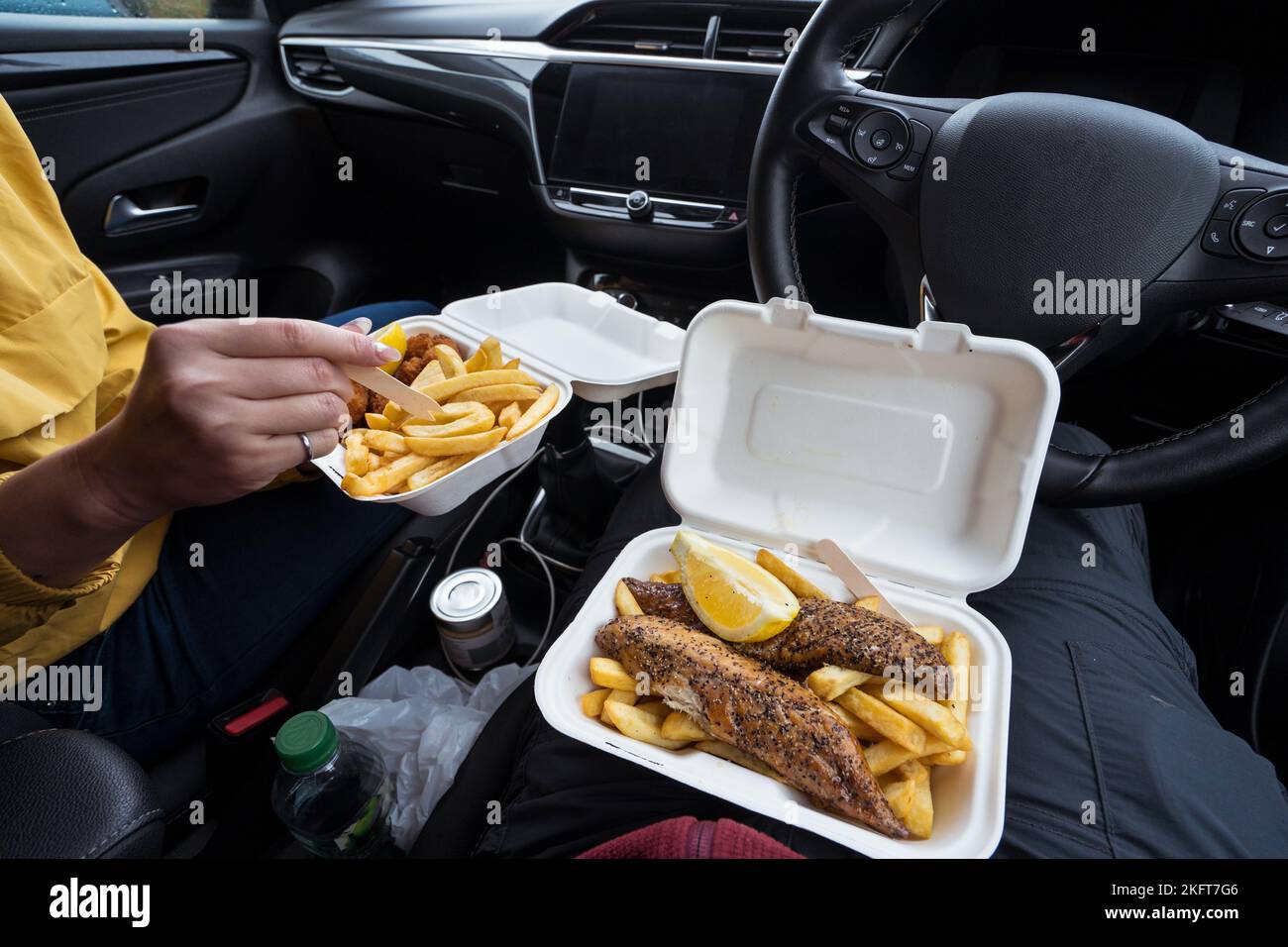 Crop people eating appetizing fried potatoes with wooden fork while ...