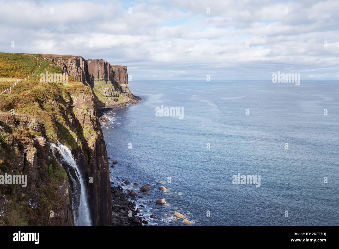Drone view of cliff with green grass and waterfall flowing into blue ...