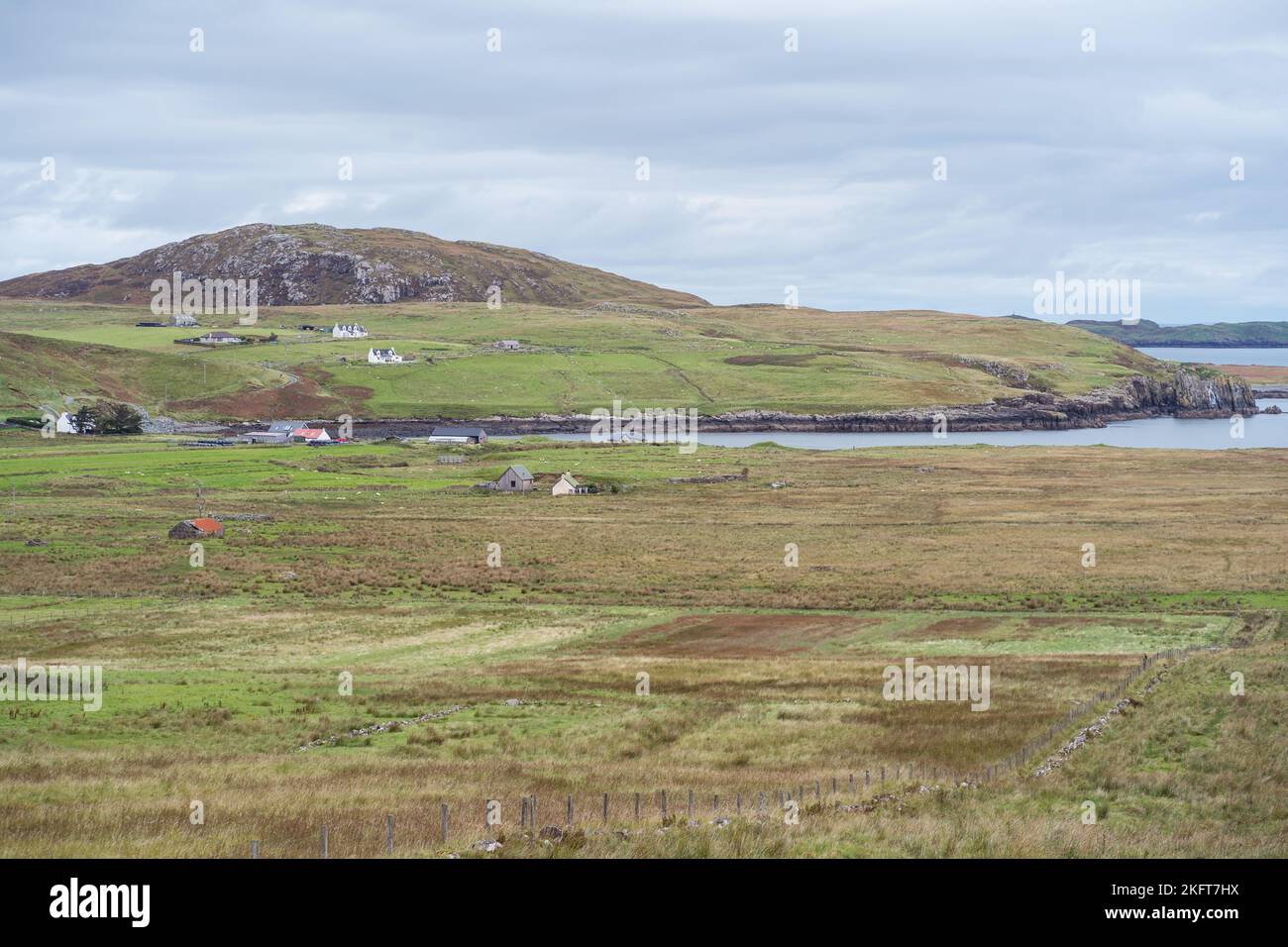 From above scenic view on small settlement located among green grassy ...